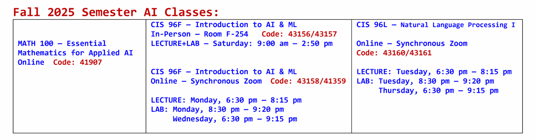 Fall 2025 Semester AI Classes – Bay Area AI Center of Excellence
